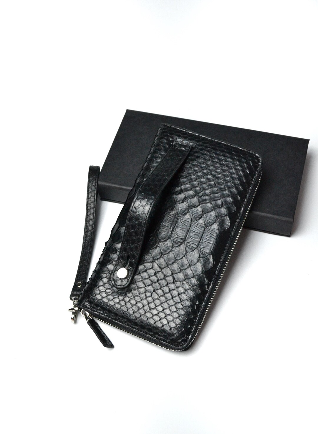 Black Zip Python Wallet, Black Snakeskin Wallet, Leather Wallet Zip ...