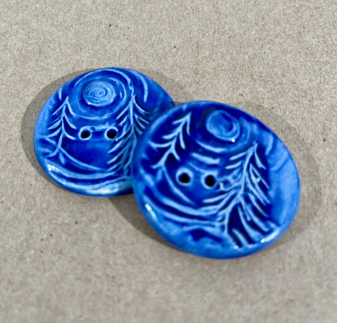 2 Ceramic Forest Buttons in Blue - Handmade Artisan Extra Large Buttons ...