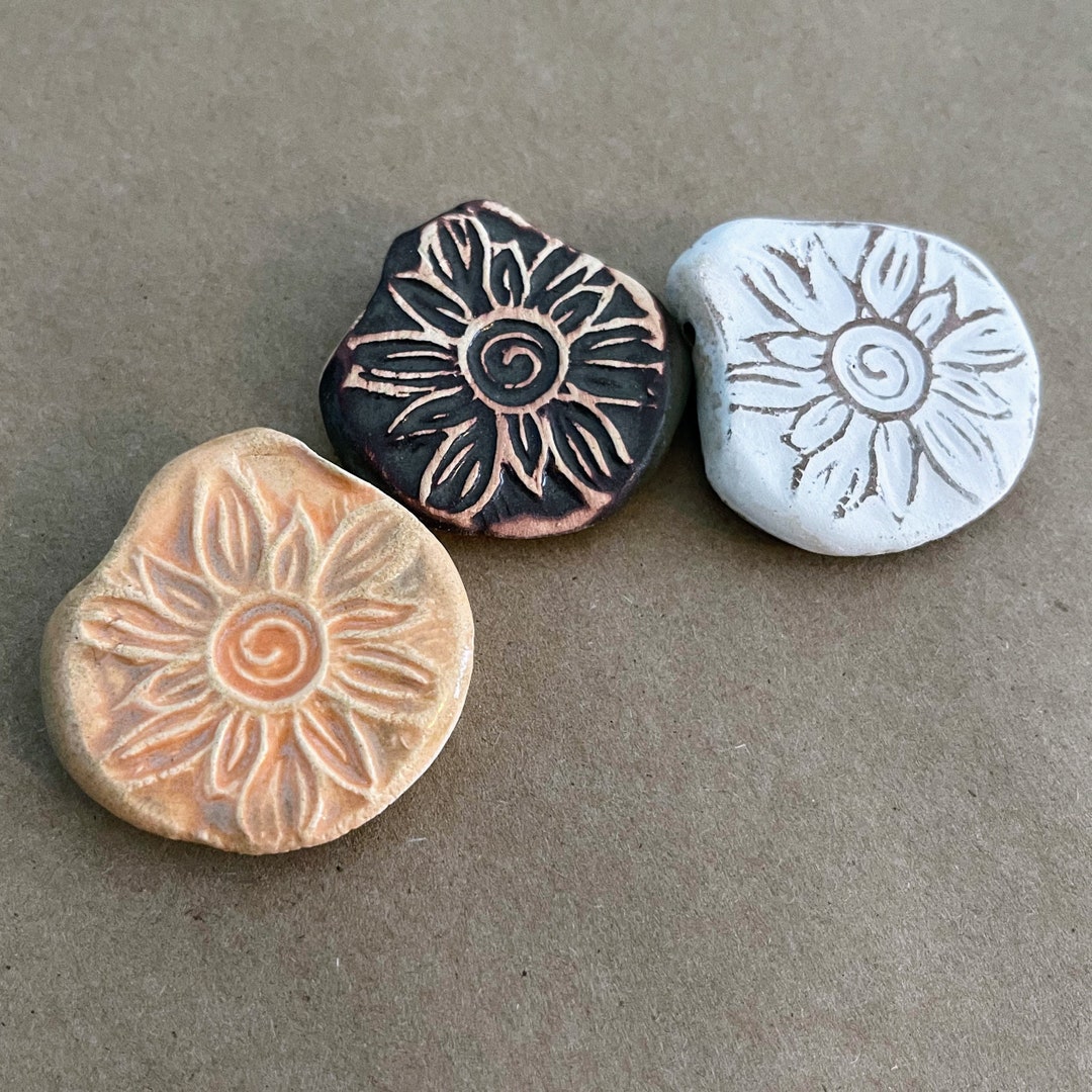 3 Handmade Ceramic Sunflower Pendants - Pinch Top Sunflower Charms ...