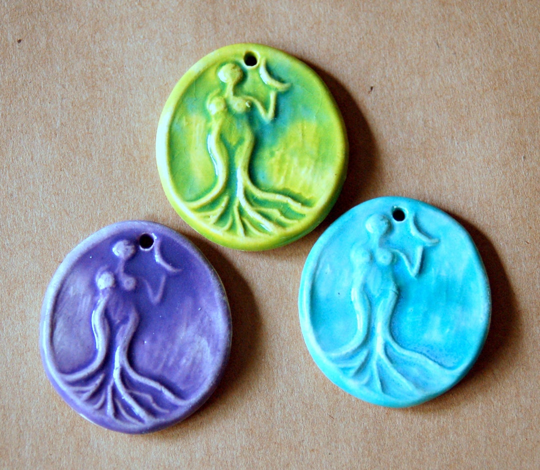 3 Handmade Ceramic Beads- Venus Holding the Moon Pendants in Spring ...