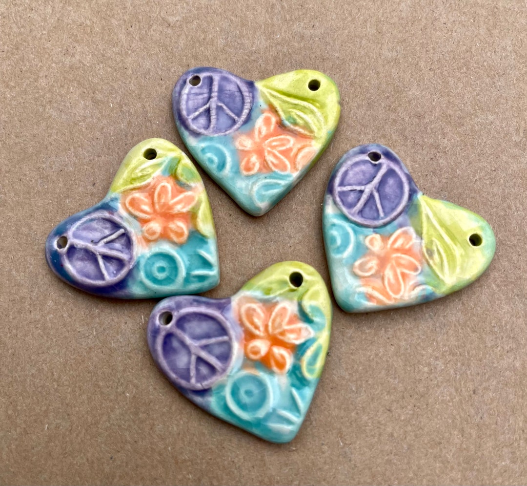 Peace Pendant Handpainted Peace Heart Ceramic Charm Boho Peace Sign ...