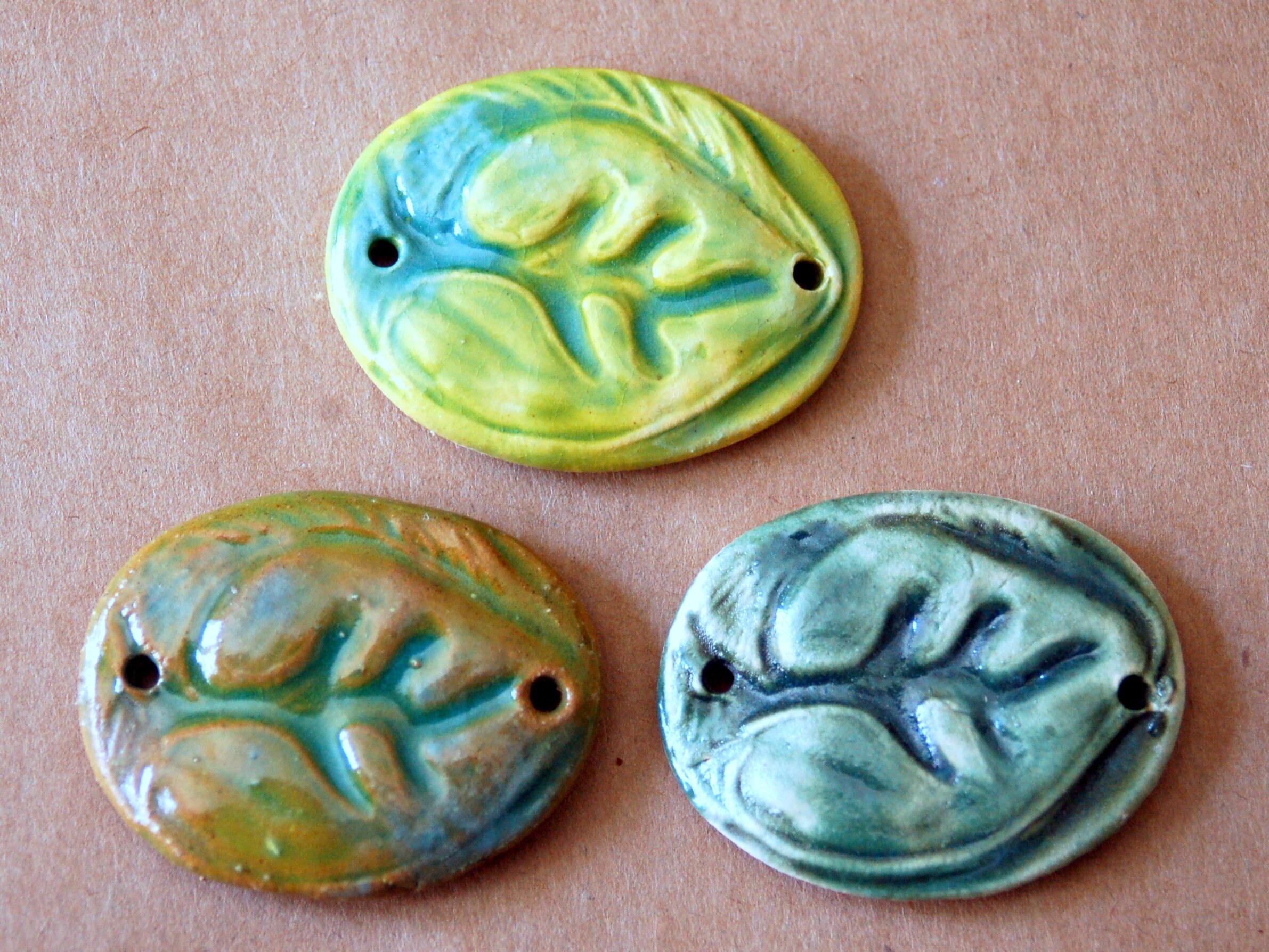 3 Ceramic Beads - Leaf Beads in Lovely Green Glazes - Handmade Bracelet ...