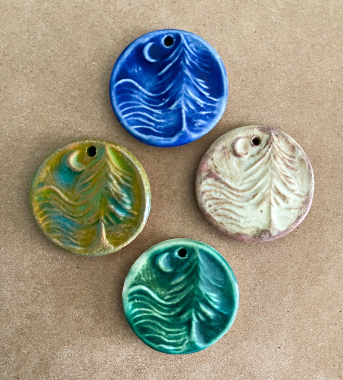 4 Handmade Ceramic Tree Pendants - Moon Over Cedar Beads - Rustic Tree ...