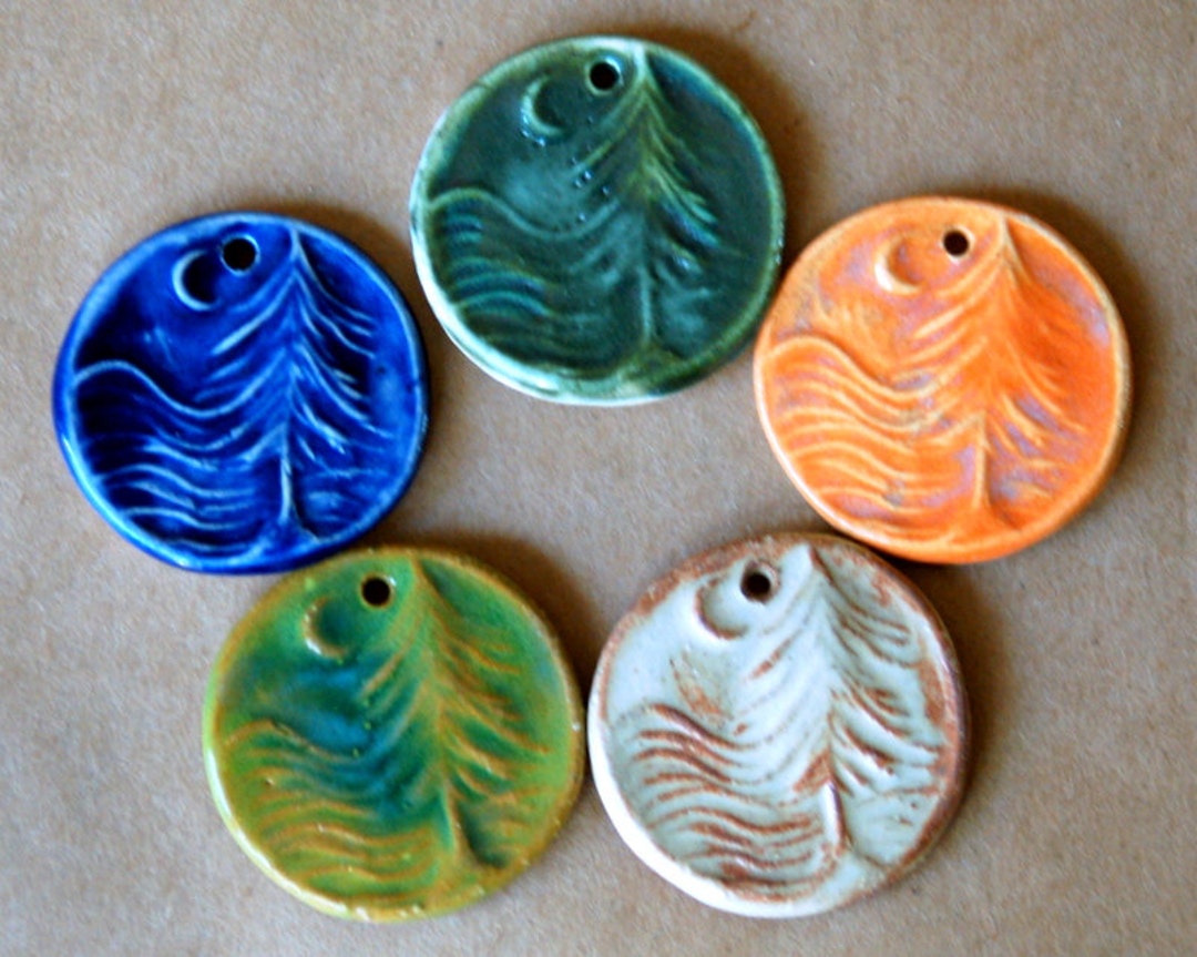 5 Handmade Ceramic Tree Pendants - Moon Over Cedar Beads - Rustic ...