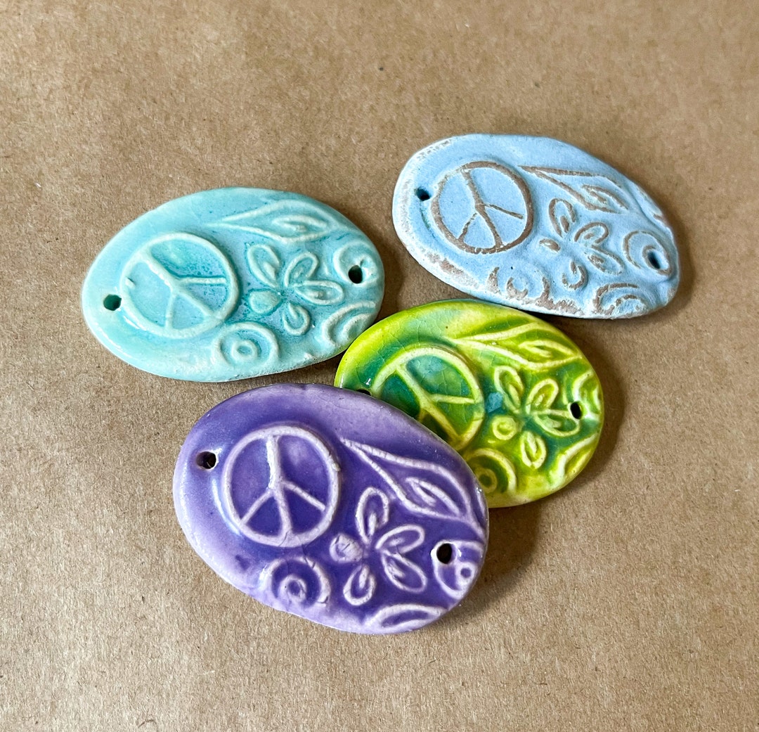 4 Handmade Ceramic Peace Sign Bracelet Beads - Ceramic Bracelet Link ...