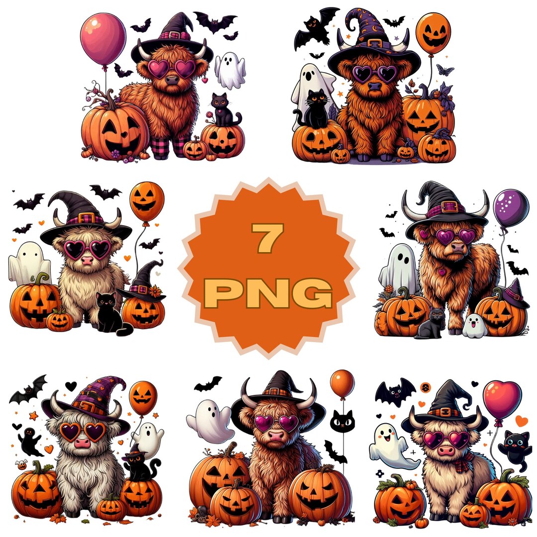 7 Halloween Highland Cow Clipart Set, Witch PNG, Cute Halloween Clipart ...