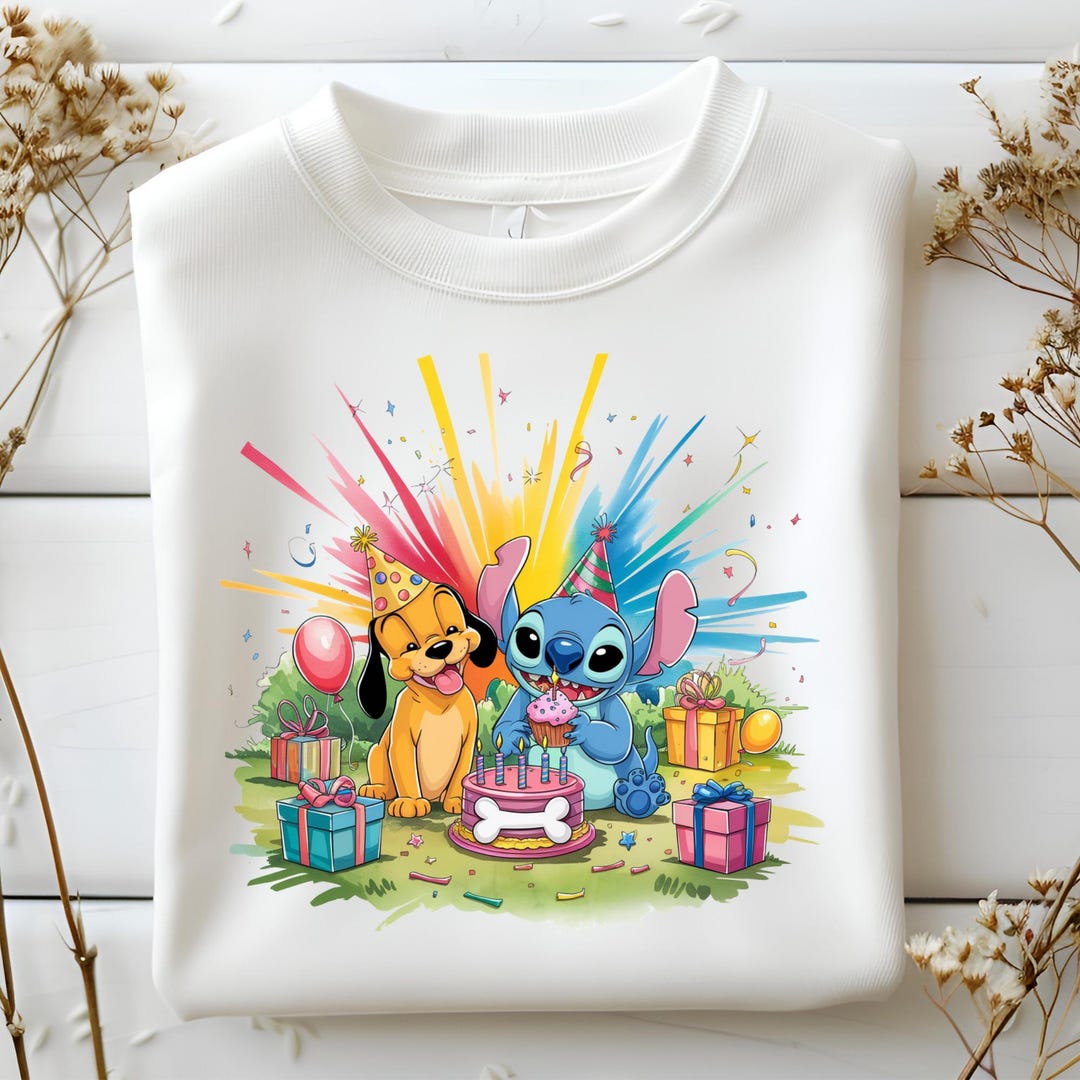 Pluto and Stitch PNG, Colorful Birthday Clipart With Cake and Gifts ...
