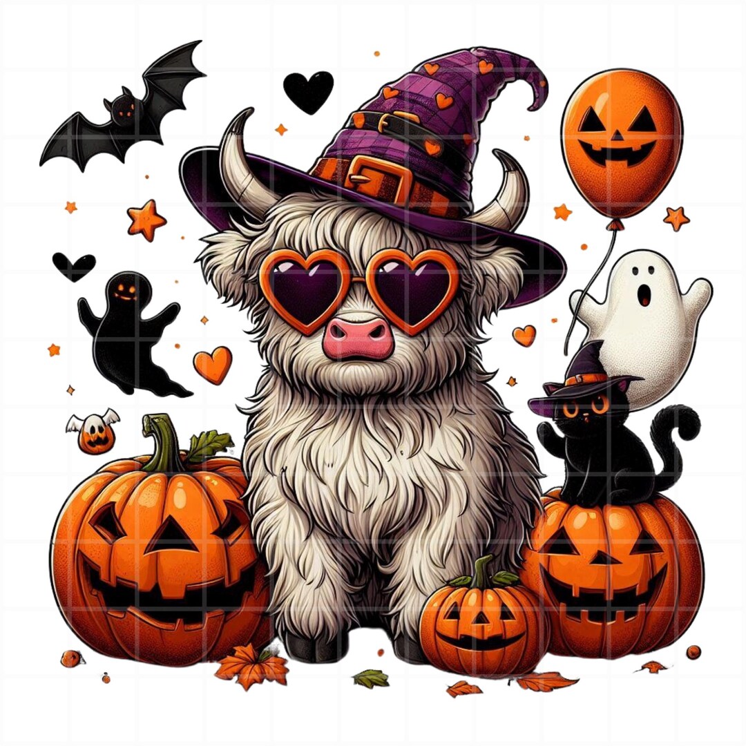 Halloween Highland Cow Clipart, Witch PNG, Cute Halloween Clipart ...