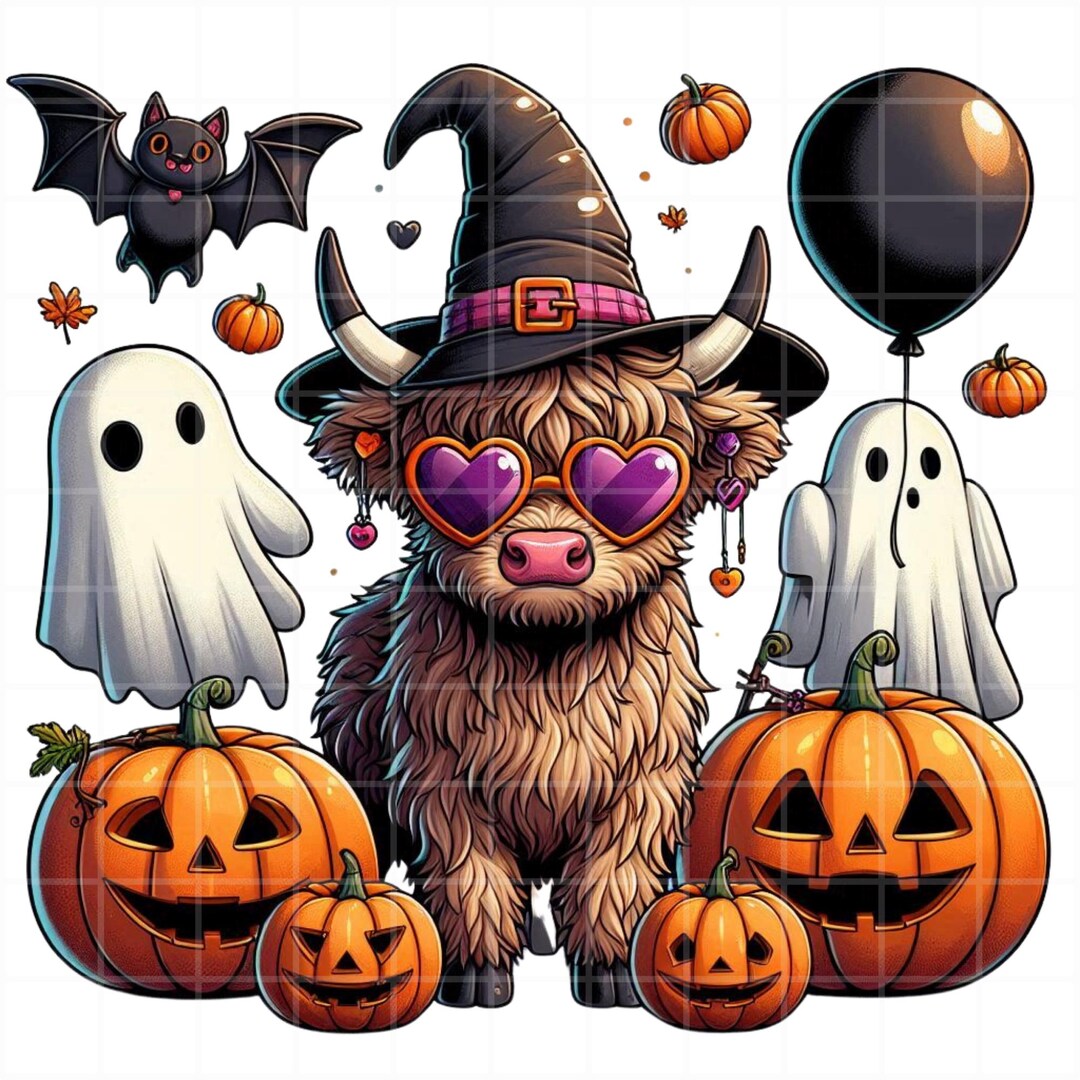 Halloween Highland Cow Clipart, Witch PNG, Cute Halloween Clipart ...