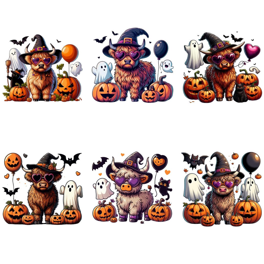 6 Halloween Highland Cow Clipart Set, Witch PNG, Cute Halloween Clipart ...