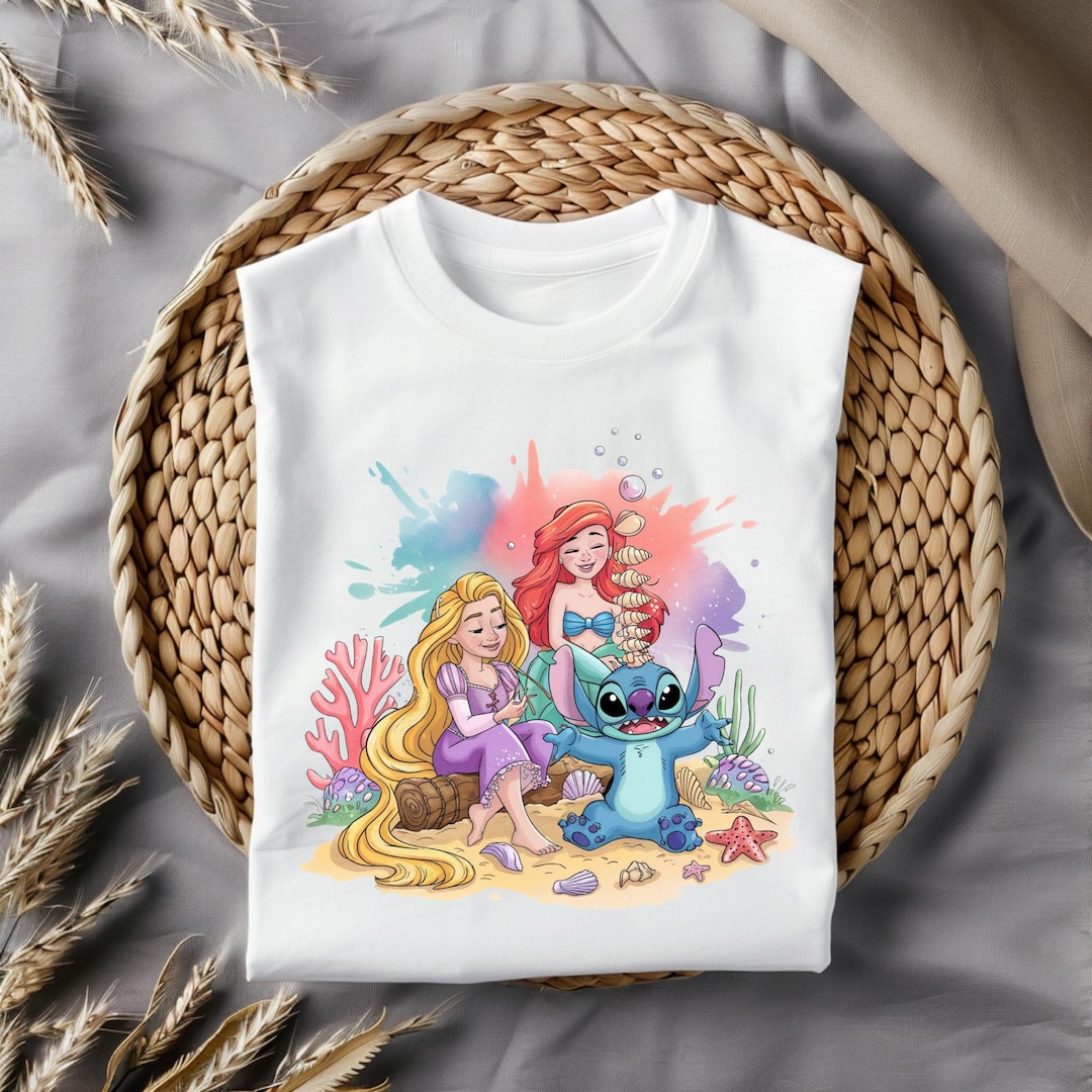 Rapunzel, Ariel and Stitch Beach Scene PNG - Watercolor Mermaid ...