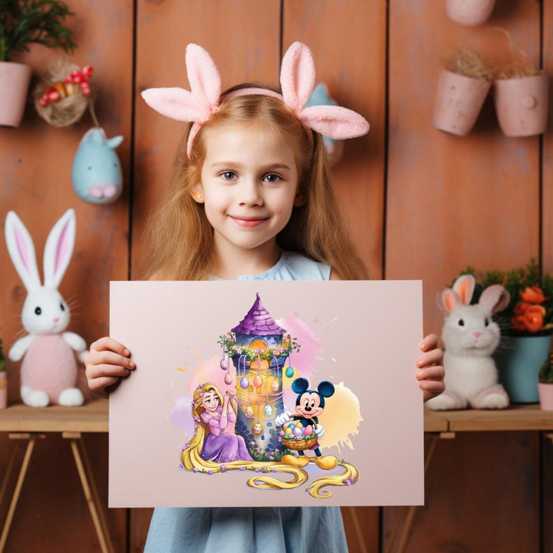 Easter Tower PNG, Watercolor Rapunzel and Mouse Clipart, Spring Egg ...