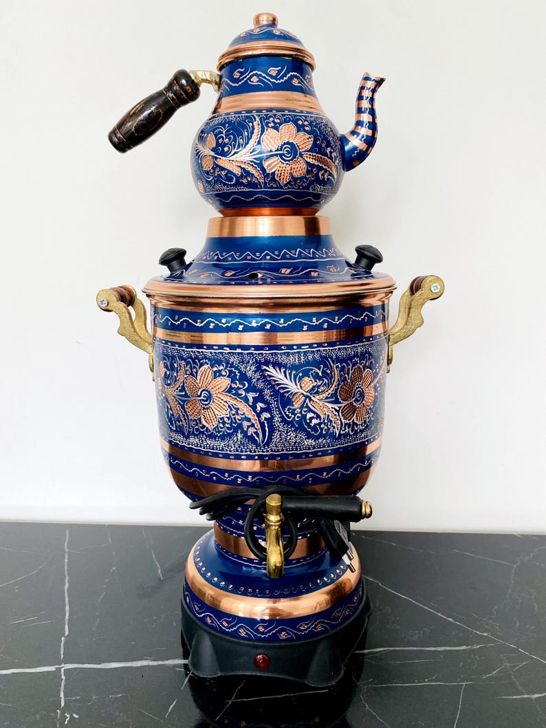 5 Liter Blue Electric Copper Samovar With Thermostat, Handmade Carved ...