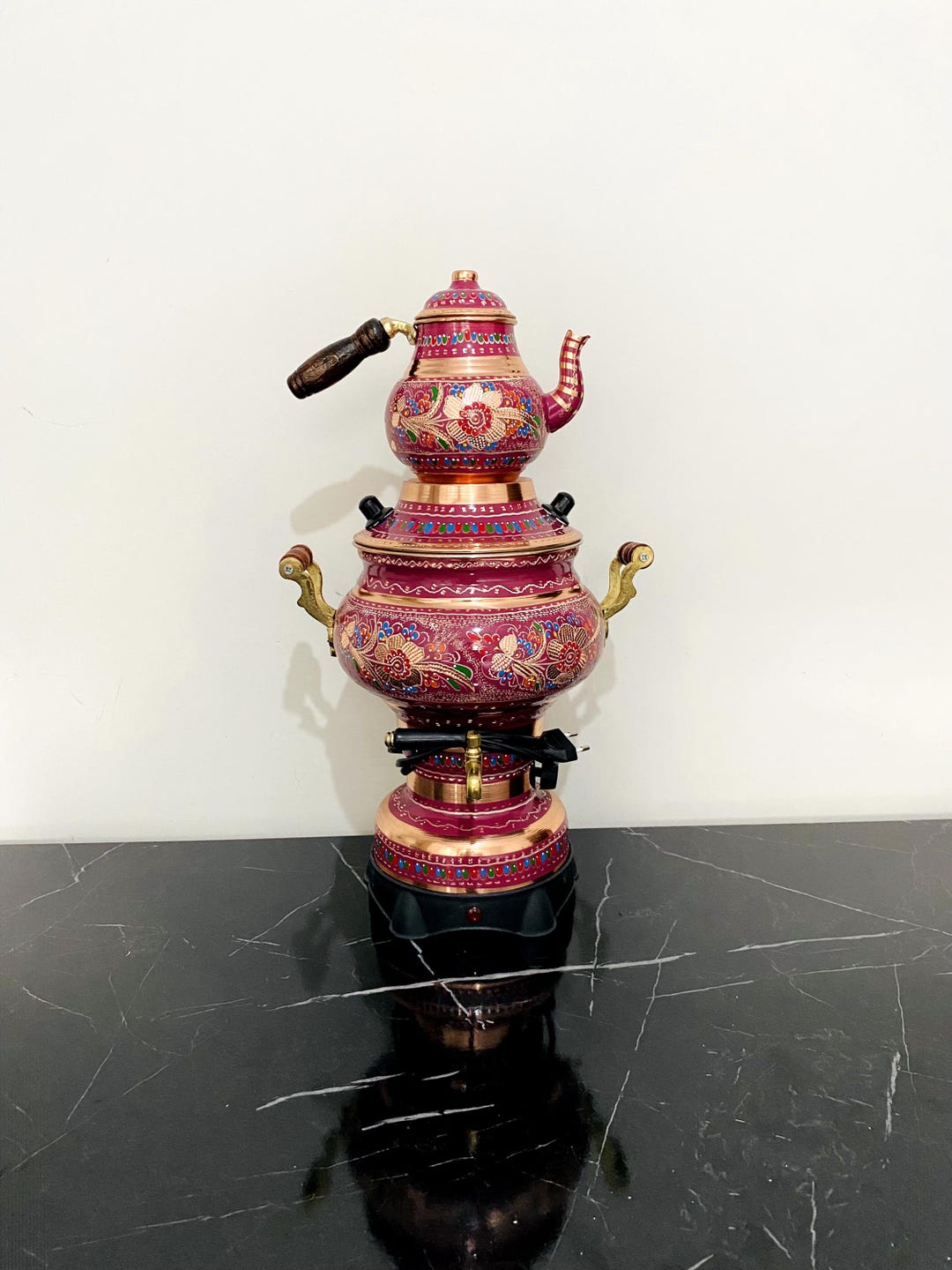 5 Liter Red Electric Copper Samovar With Thermostat, Handmade Carved ...