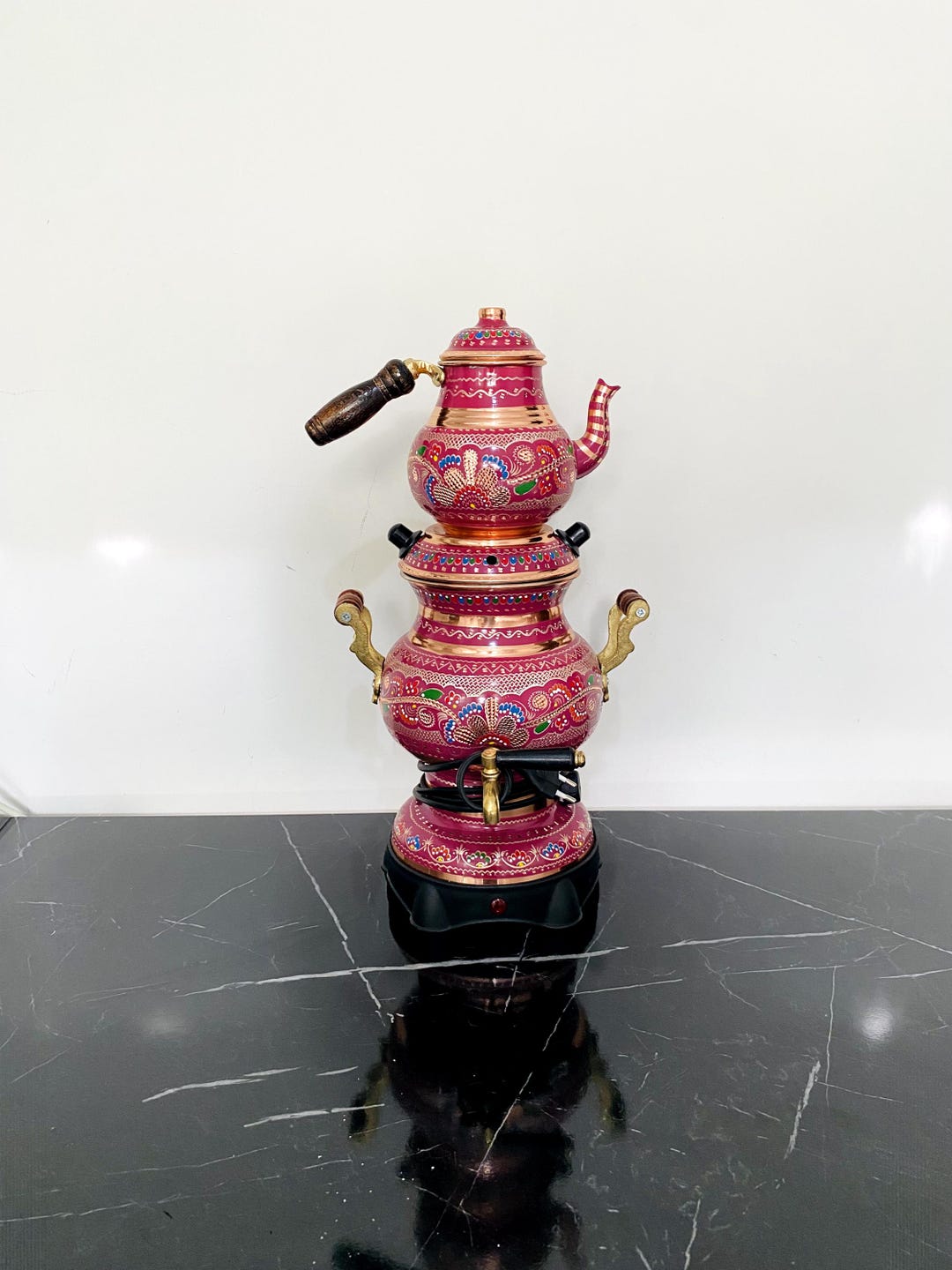 2.5 Liter Red Electric Copper Samovar With Thermostat, Handmade Carved ...