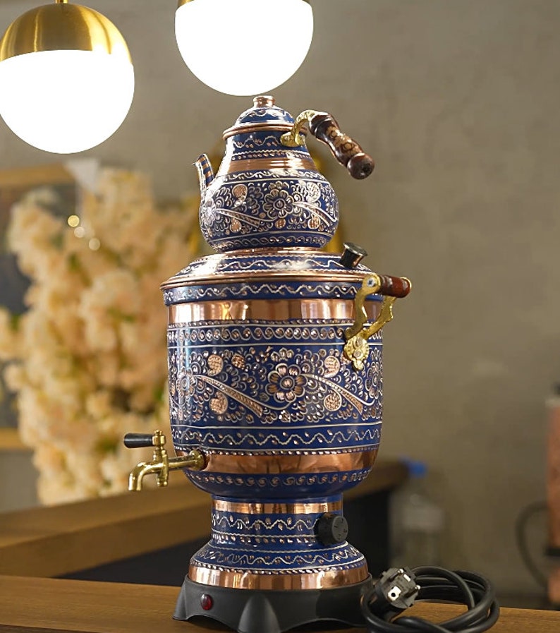 5 Liter Blue Electric Copper Samovar With Thermostat, Handmade Carved ...