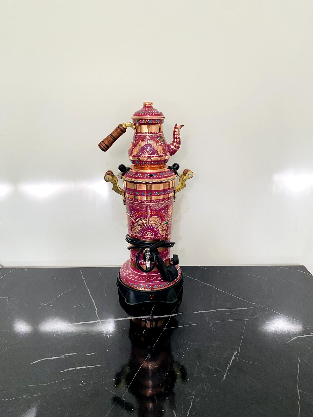 2.5 Liter Red Electric Copper Samovar With Thermostat, Handmade Carved ...