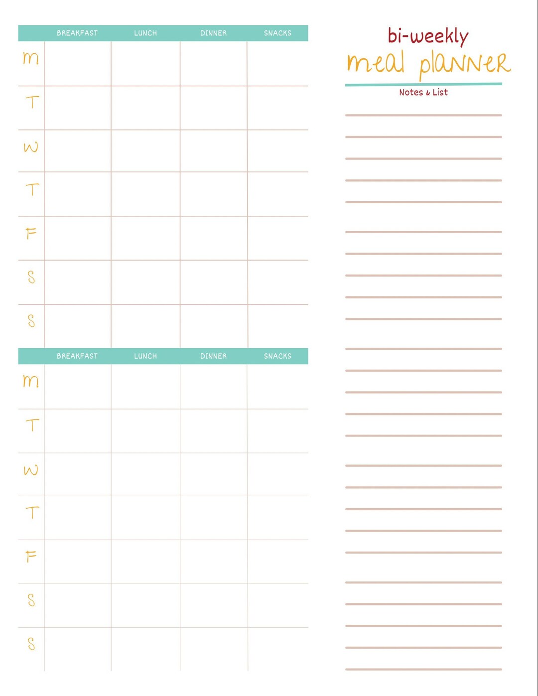 Meal Planner Printable 2 Week Biweekly Meal Prep Grocery List Note 8 ...