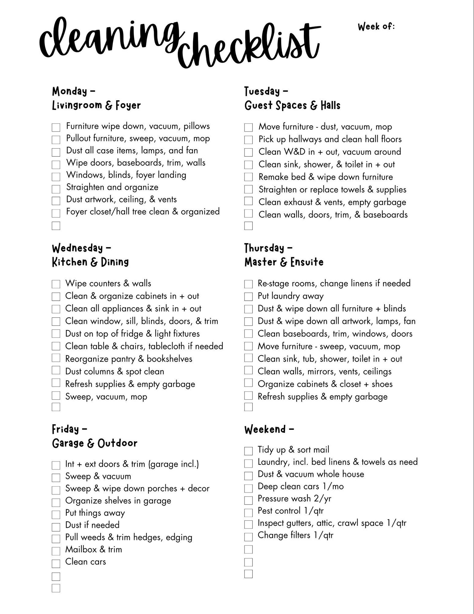Cleaning Checklist Detailed Chore Chart Daily Weekly Deep Clean Task ...