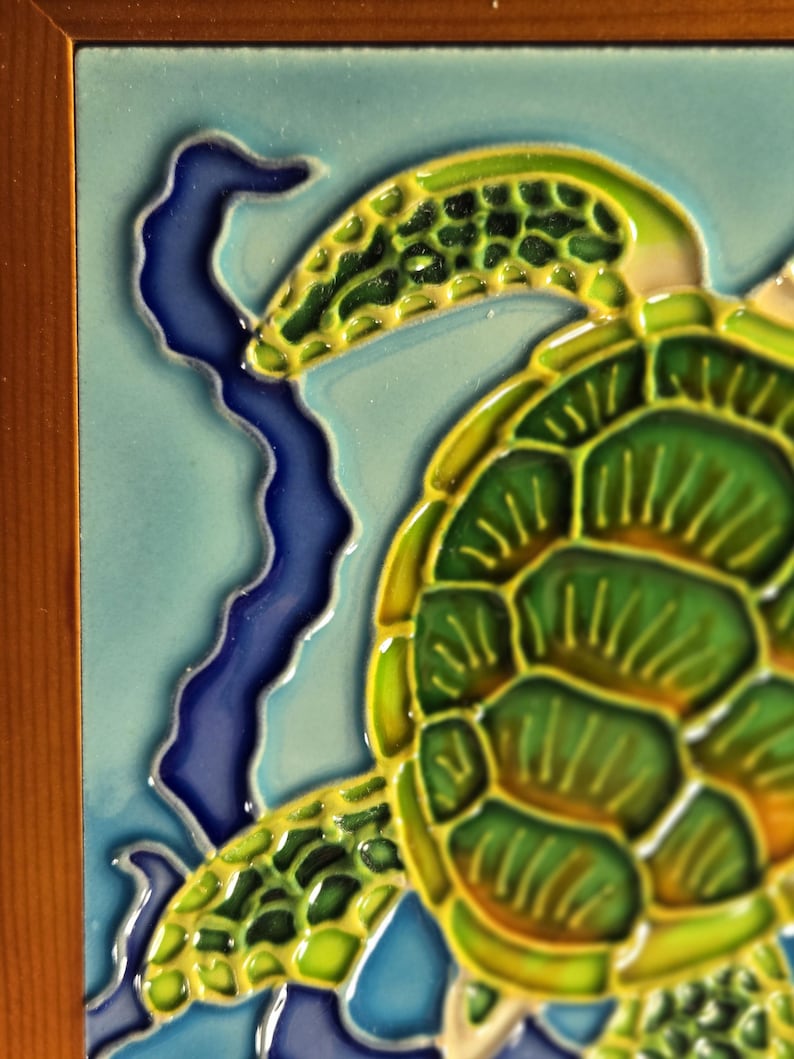 Vintage Handcrafted Sea Turtle Ceramic Tile With Wooden Frame – Vibrant ...