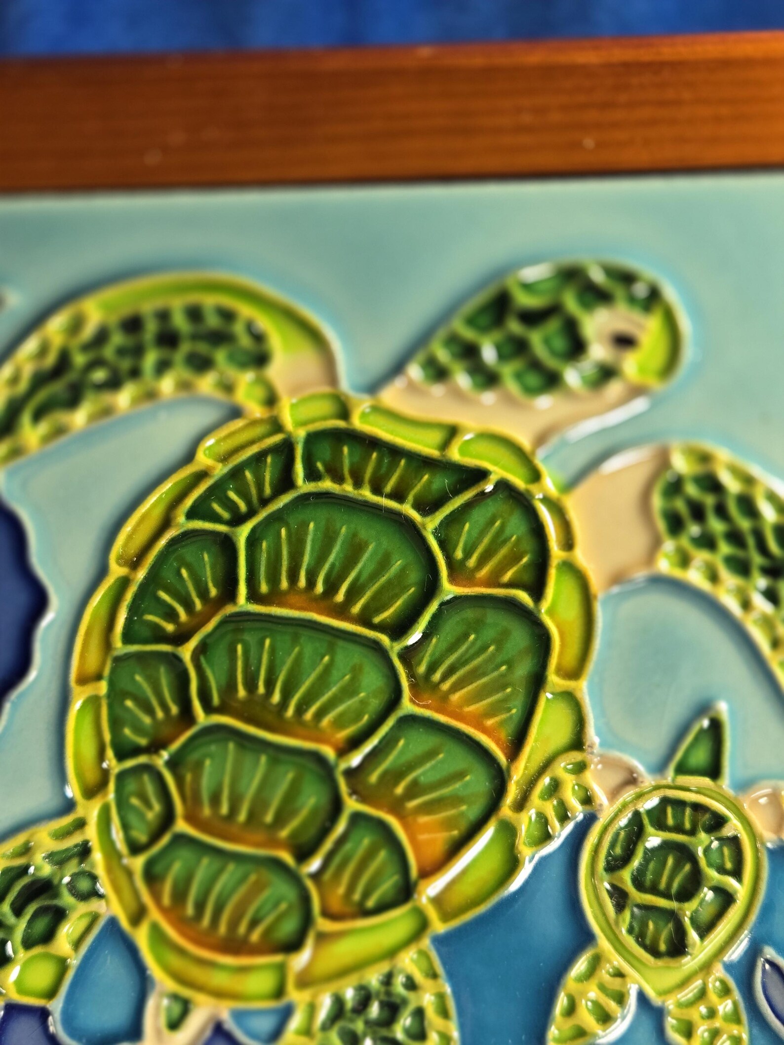 Vintage Handcrafted Sea Turtle Ceramic Tile With Wooden Frame – Vibrant ...