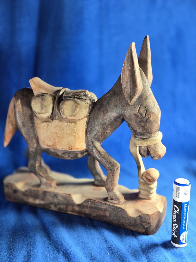 Vintage Hand-carved Wooden Donkey Figurine Rustic Folk Art With Natural ...