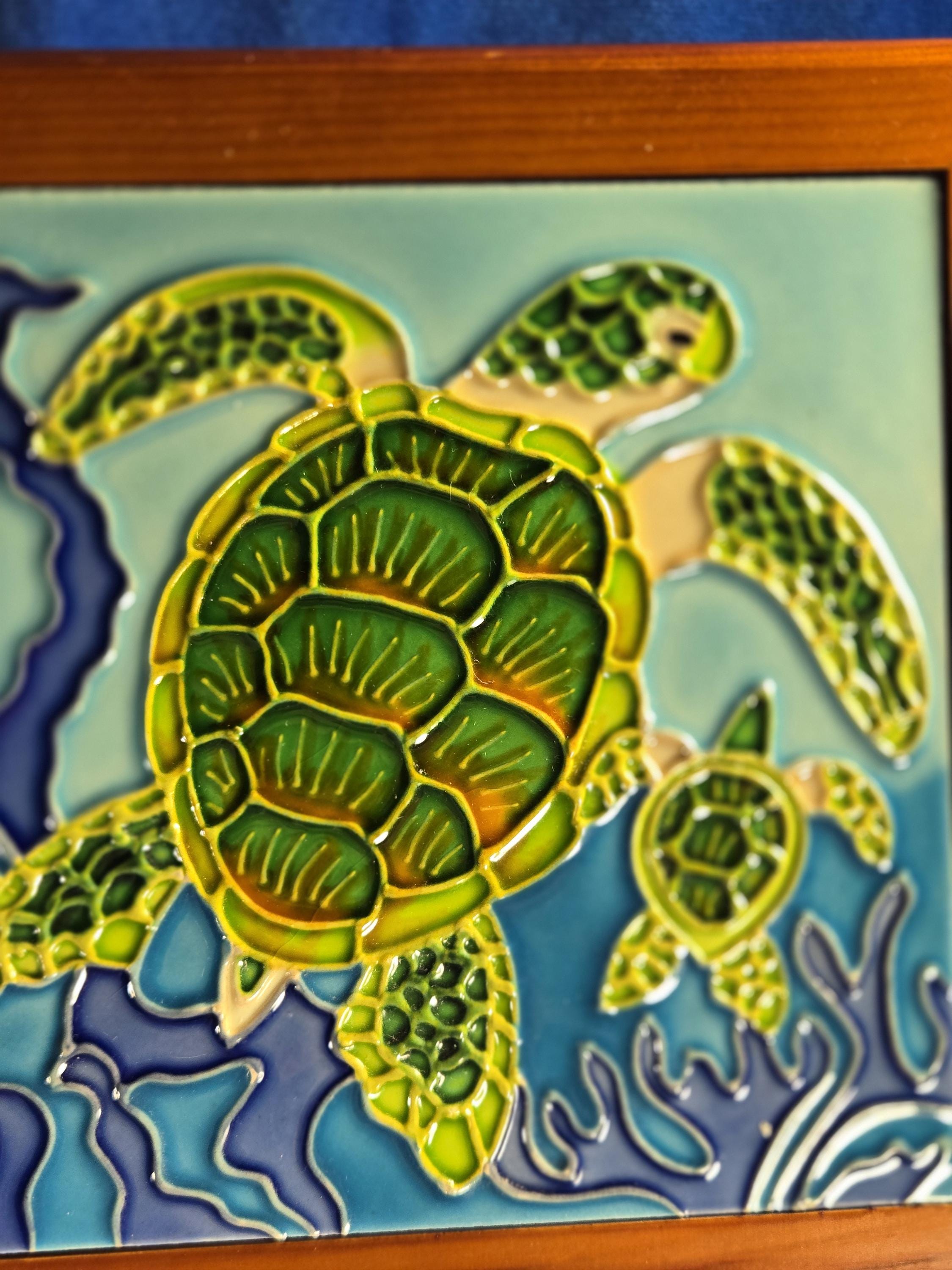Vintage Handcrafted Sea Turtle Ceramic Tile With Wooden Frame – Vibrant ...