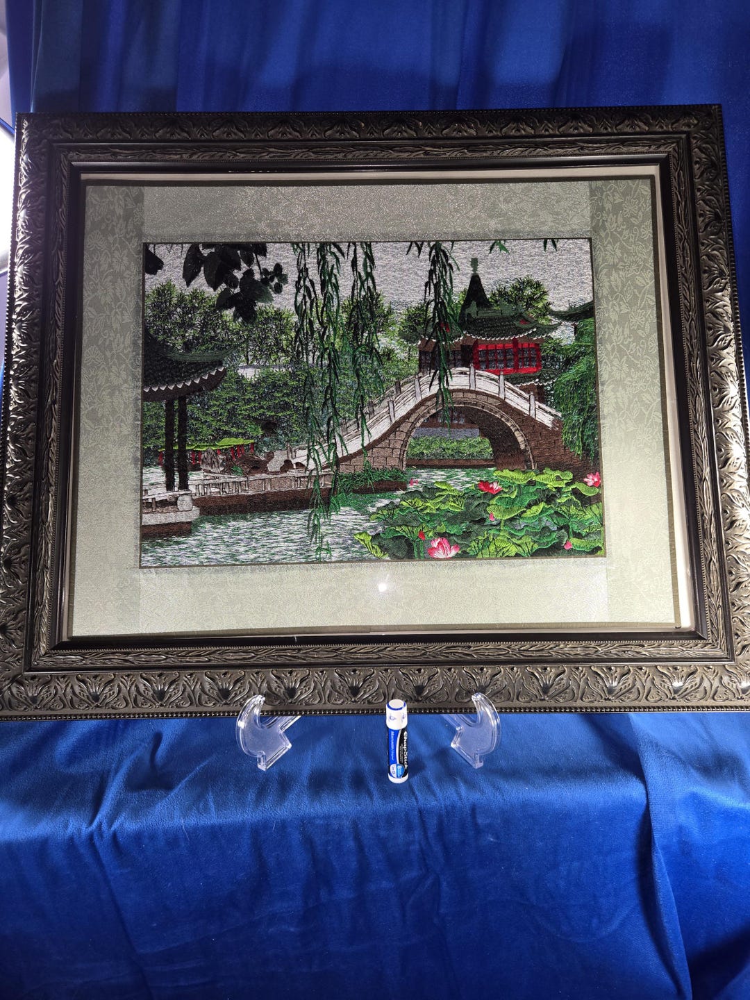 Framed East Asian Silk Embroidery – Hand-stitched Landscape With Lotus ...