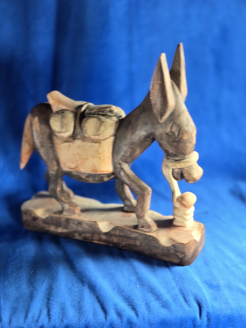 Vintage Hand-carved Wooden Donkey Figurine Rustic Folk Art With Natural ...
