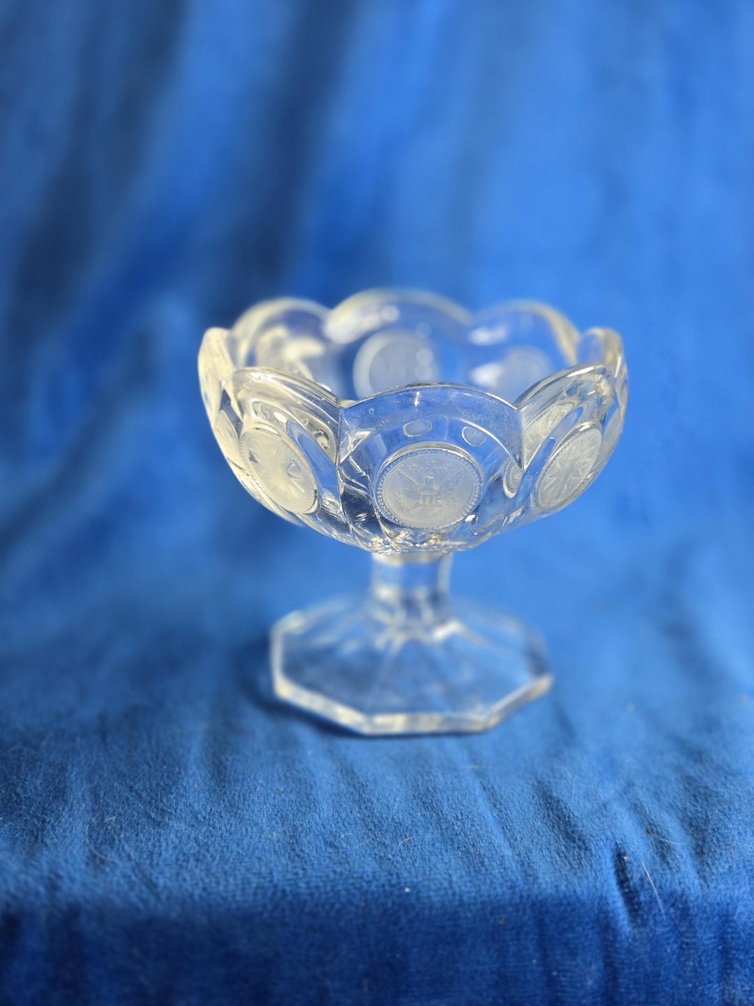 Vintage Clear Glass Pedestal Bowl With Coin Motif - Etsy