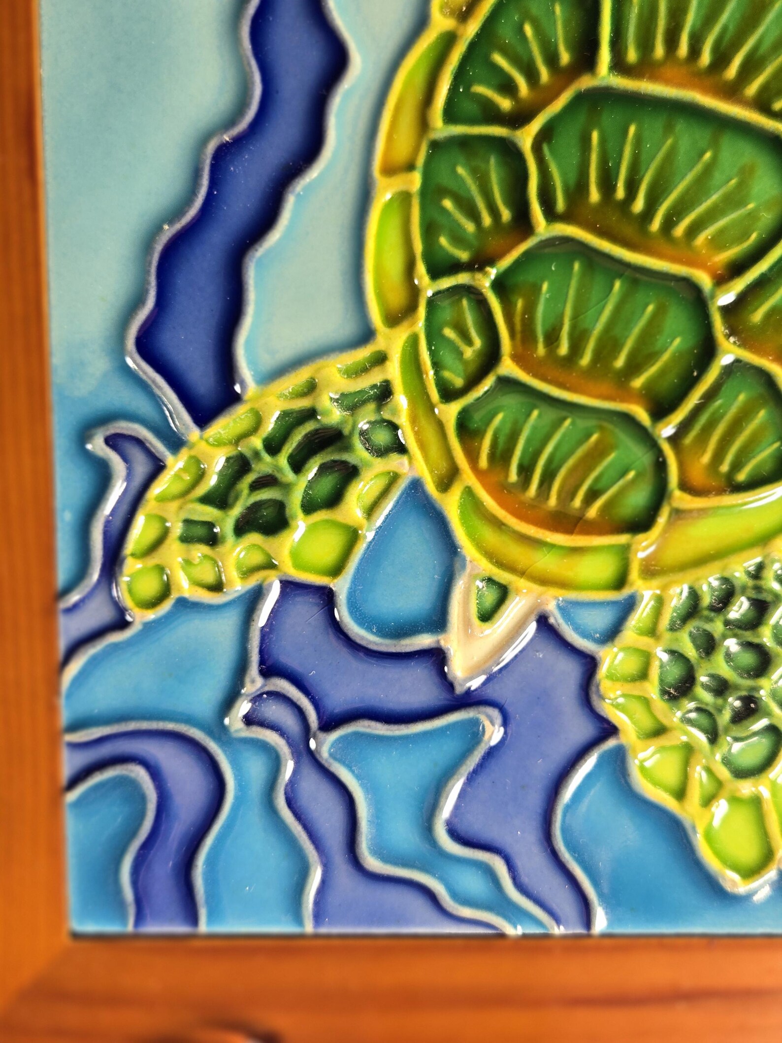 Vintage Handcrafted Sea Turtle Ceramic Tile With Wooden Frame – Vibrant ...