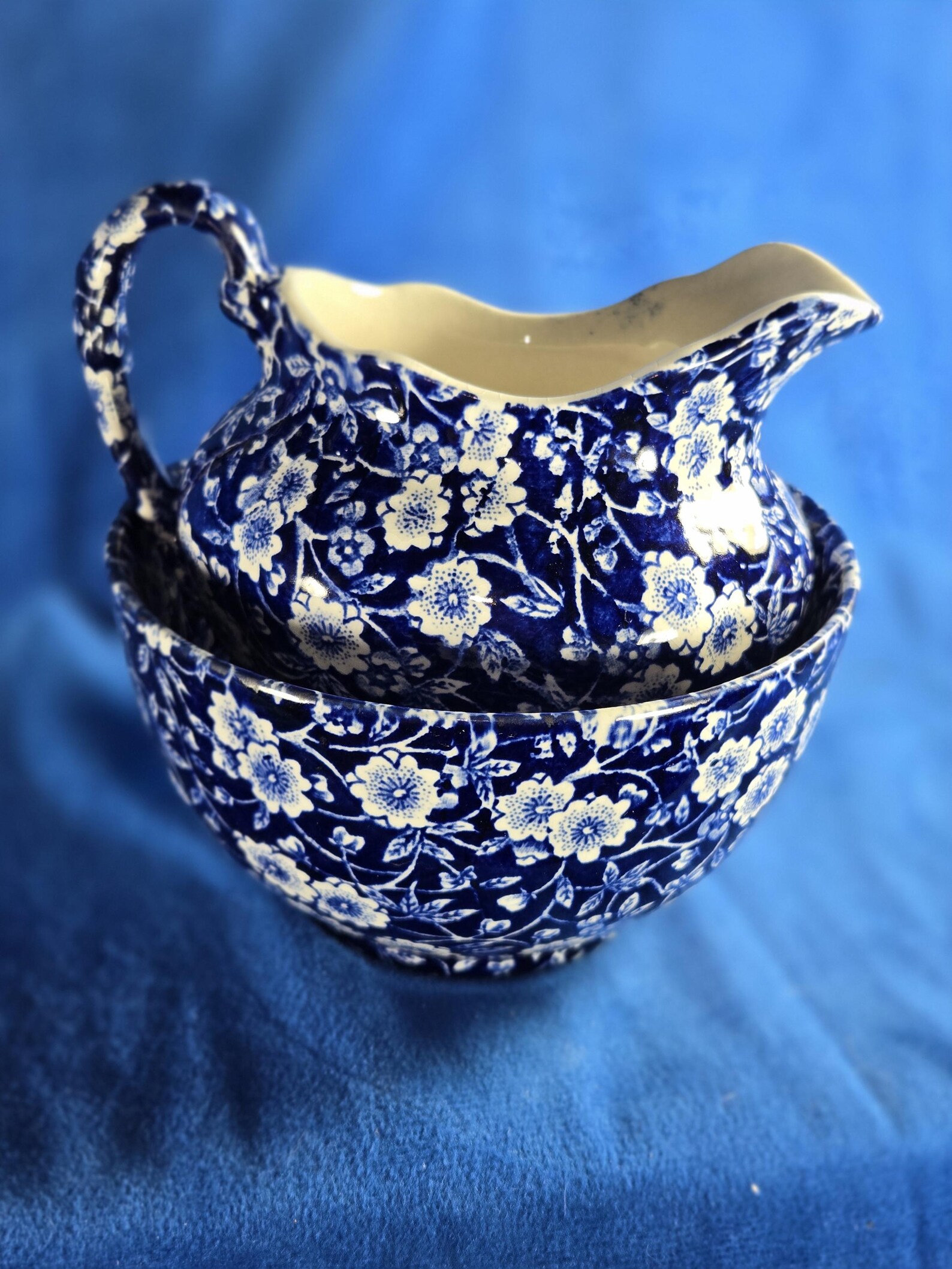 Vintage Blue and White Burleigh Calico Bowl and Pitcher Set - Etsy
