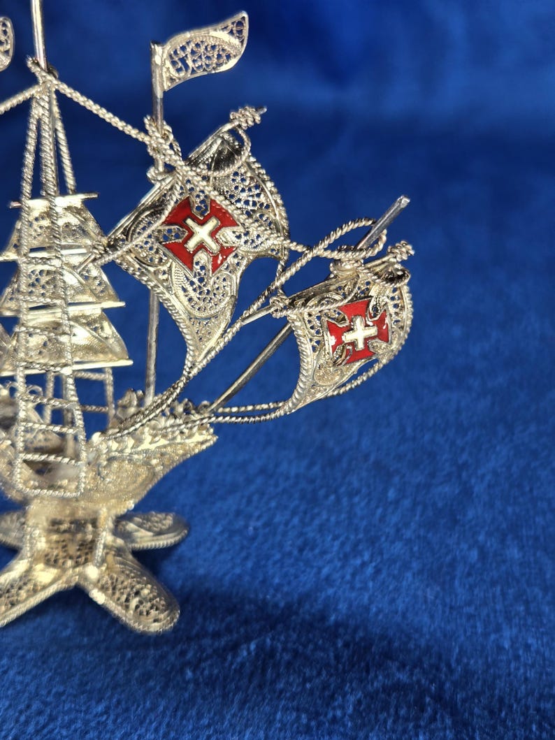 Vintage Portuguese Filigree Metal Ship – Red Cross Enamel Sails ...