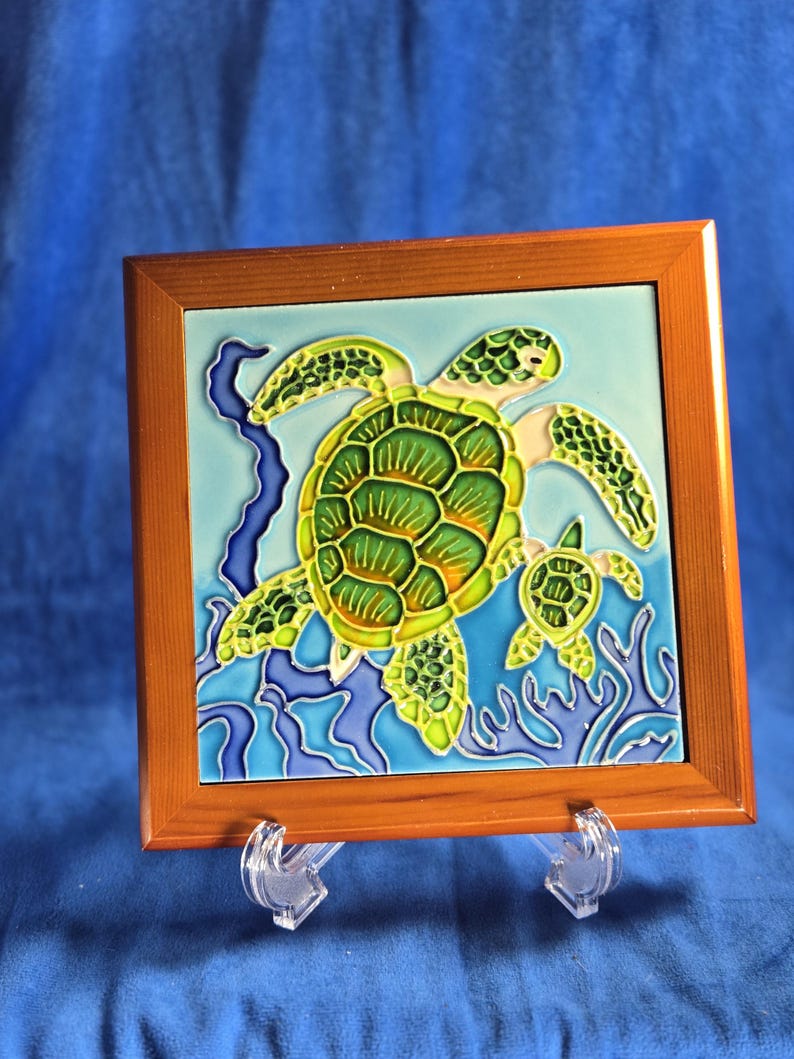Vintage Handcrafted Sea Turtle Ceramic Tile With Wooden Frame – Vibrant ...