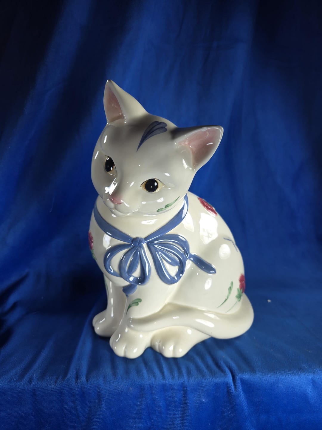 Vintage Ceramic Cat Cookie Jar; Lennox Floral Design, Blue Ribbon Bow ...