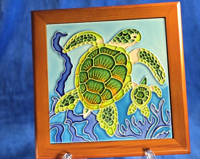 Vintage Handcrafted Sea Turtle Ceramic Tile With Wooden Frame – Vibrant ...
