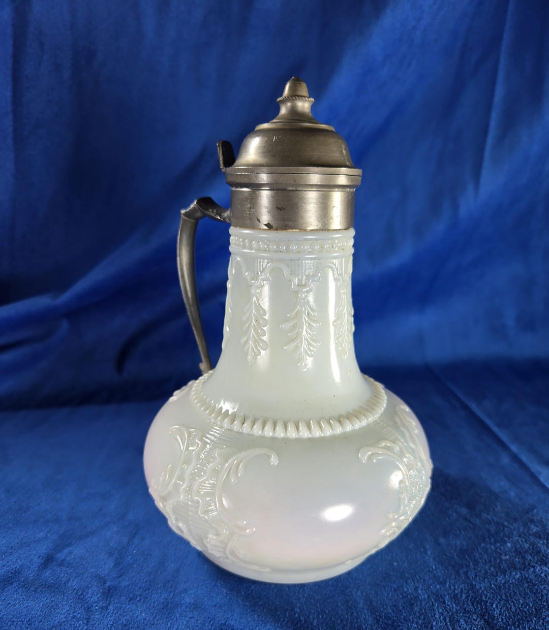 Antique 19th Century Milk Glass Syrup Pitcher With Metal Lid ...