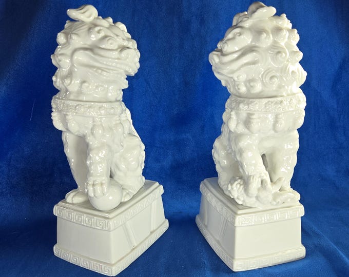 White Ceramic Foo Dog Statues – Guardian Lion Pair – Feng Shui Fu Lion ...