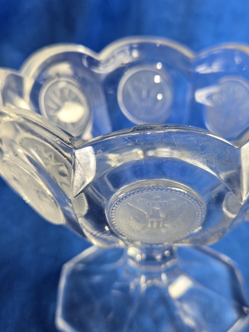 Vintage Clear Glass Pedestal Bowl With Coin Motif - Etsy