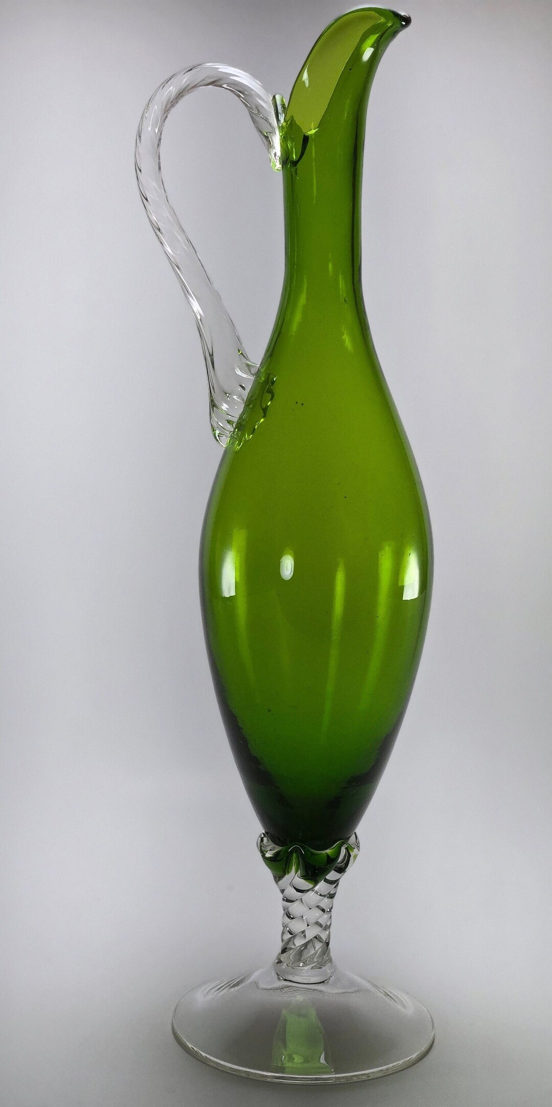 Hand-blown Vintage Art Glass Pitcher With Long Neck, Green Glass, Ideal ...