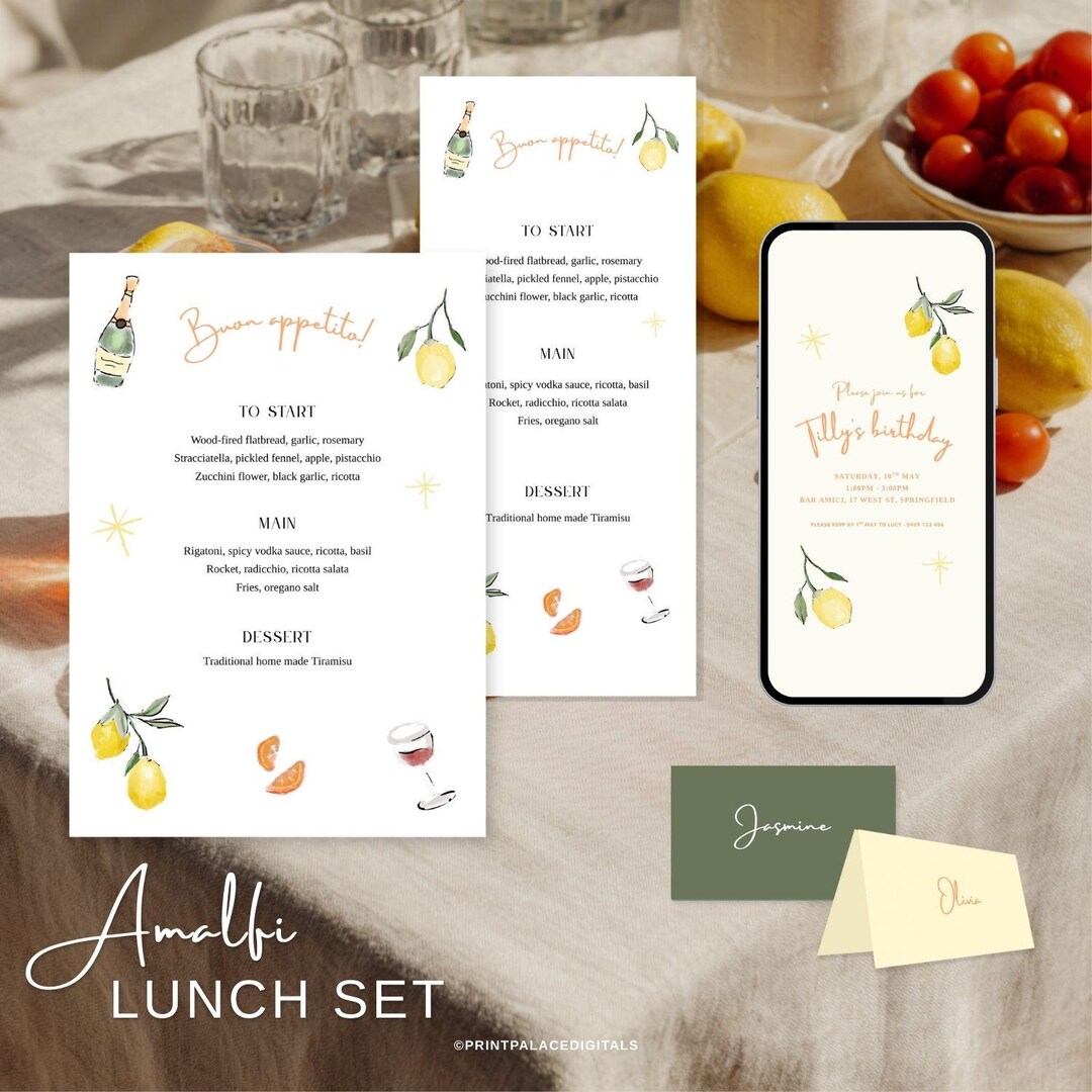 AMALFI LUNCH SET, Hand-drawn Illustrations, Invite + Menu, Editable ...
