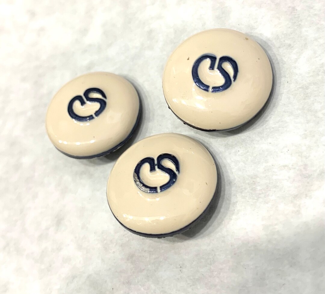 3 Vintage Blue and off White Enamel Metal Designer Buttons-monogrammed-excellent Condition ...