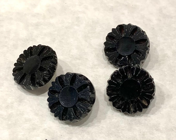 Four Antique Black Glass Buttons-matching Set-shaved Top-flower Like ...