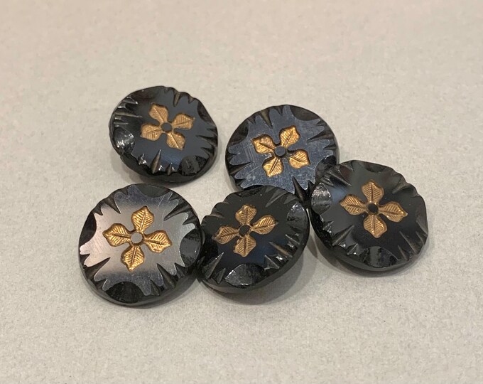5 Antique Victorian Black Glass Buttons With Gold Luster-embedded Wire ...