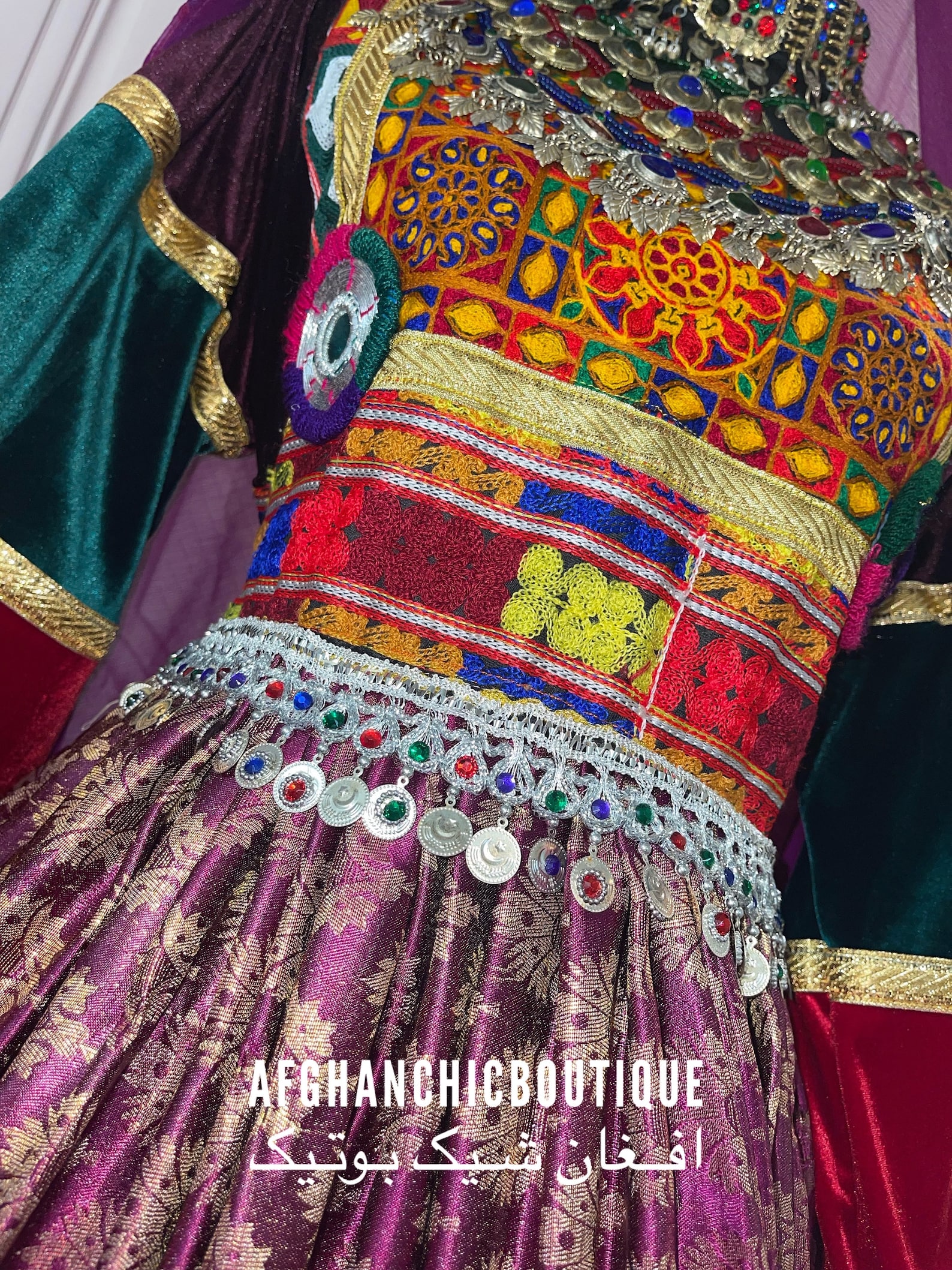 Afghan Banaras Silk and Velvet Handmade Embroidered Dress Set Afghani ...