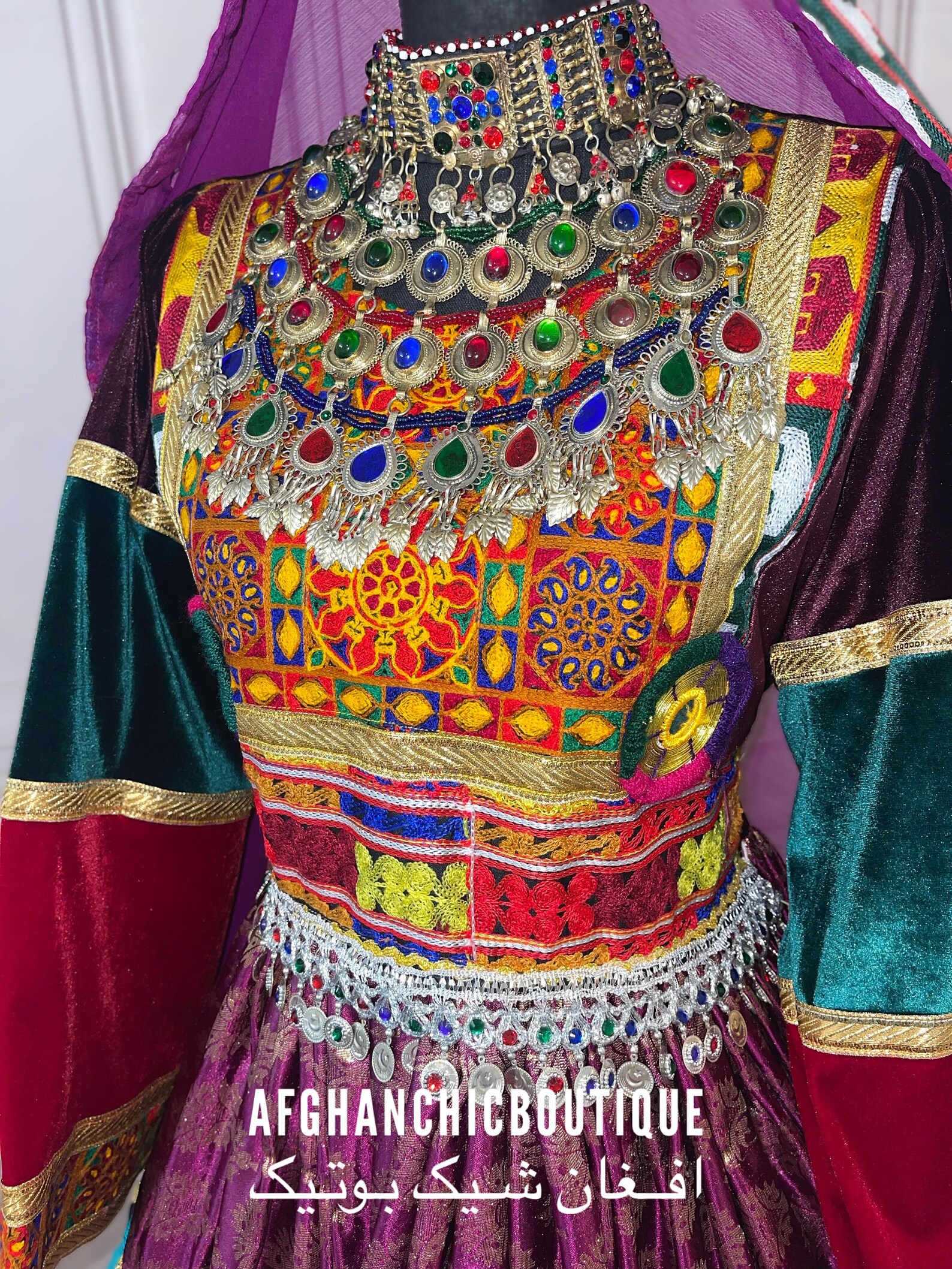 Afghan Banaras Silk and Velvet Handmade Embroidered Dress Set Afghani ...
