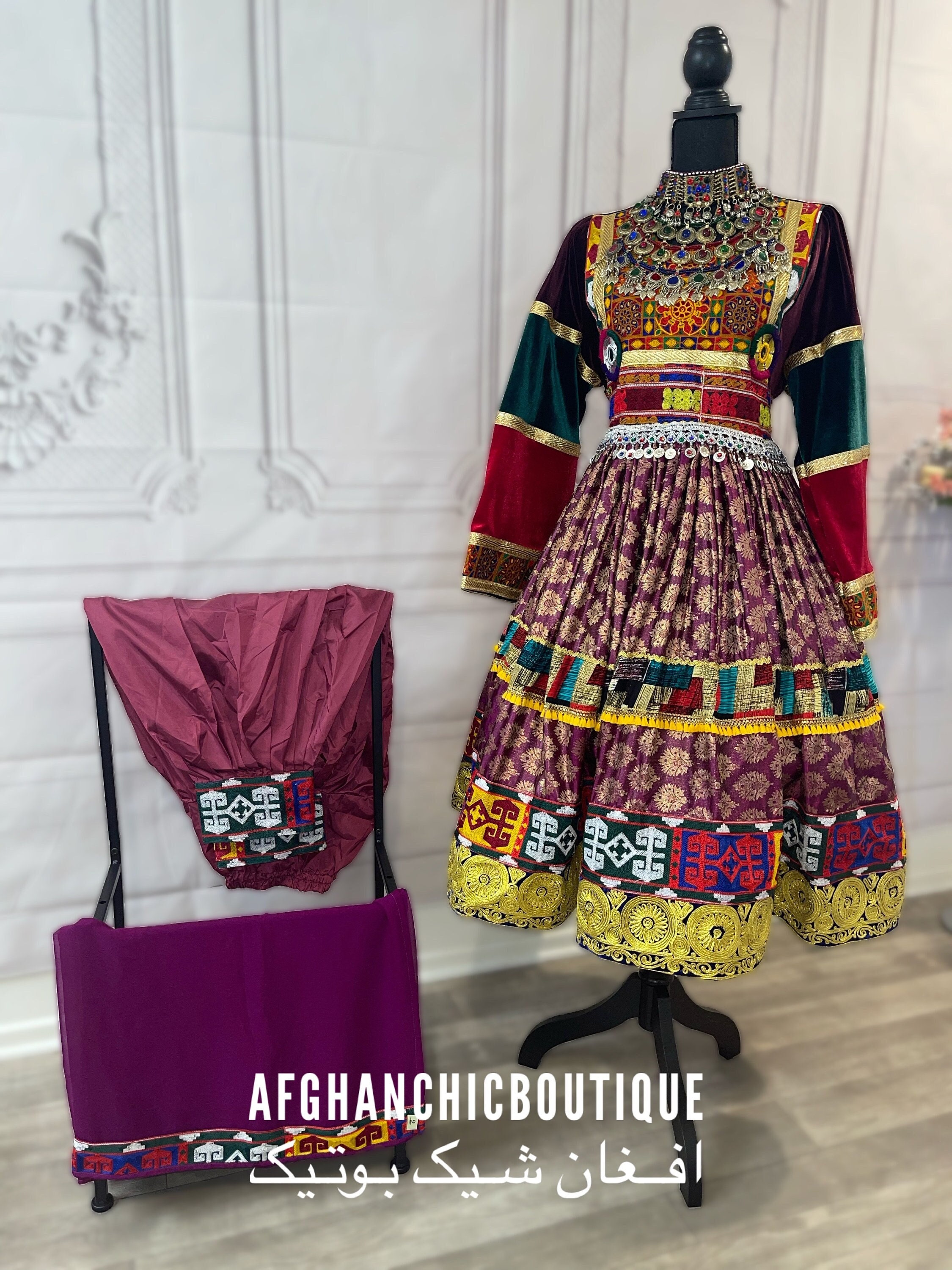 Afghan Banaras Silk and Velvet Handmade Embroidered Dress Set Afghani ...