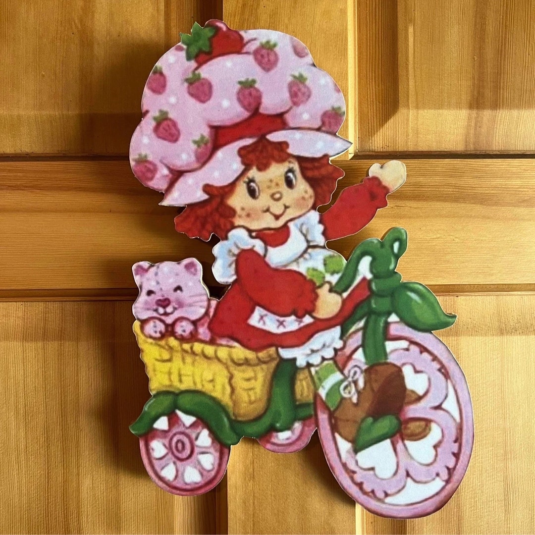 Vintage Style Strawberry Shortcake on Her Bike Wooden Hand Made Plaque Sign 1/2” Thick Ready to ...