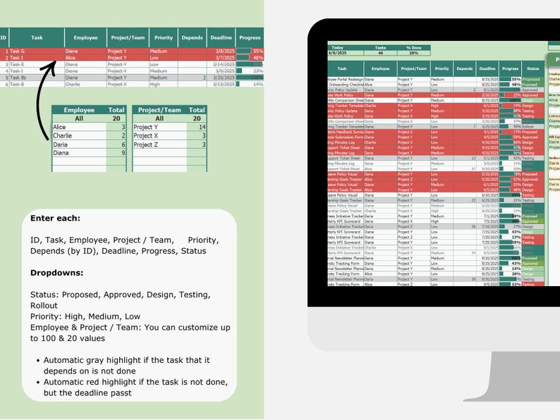 Kanban Board for Project Rollout With Status & Team Filters • Excel ...