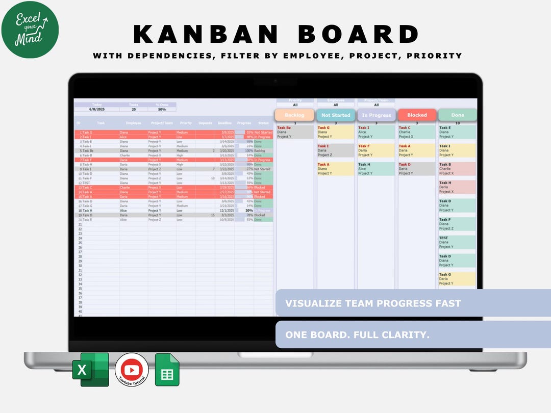 Kanban Template for Teams With Progress Tracking • Calendar View & Task ...